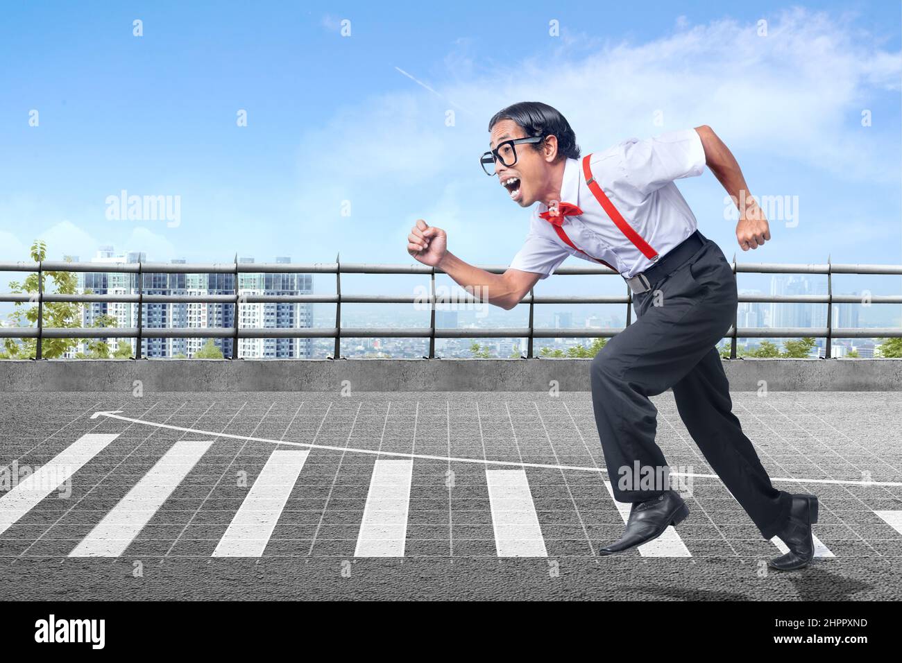 Asian nerd with ugly face running with increases graph on the street ...