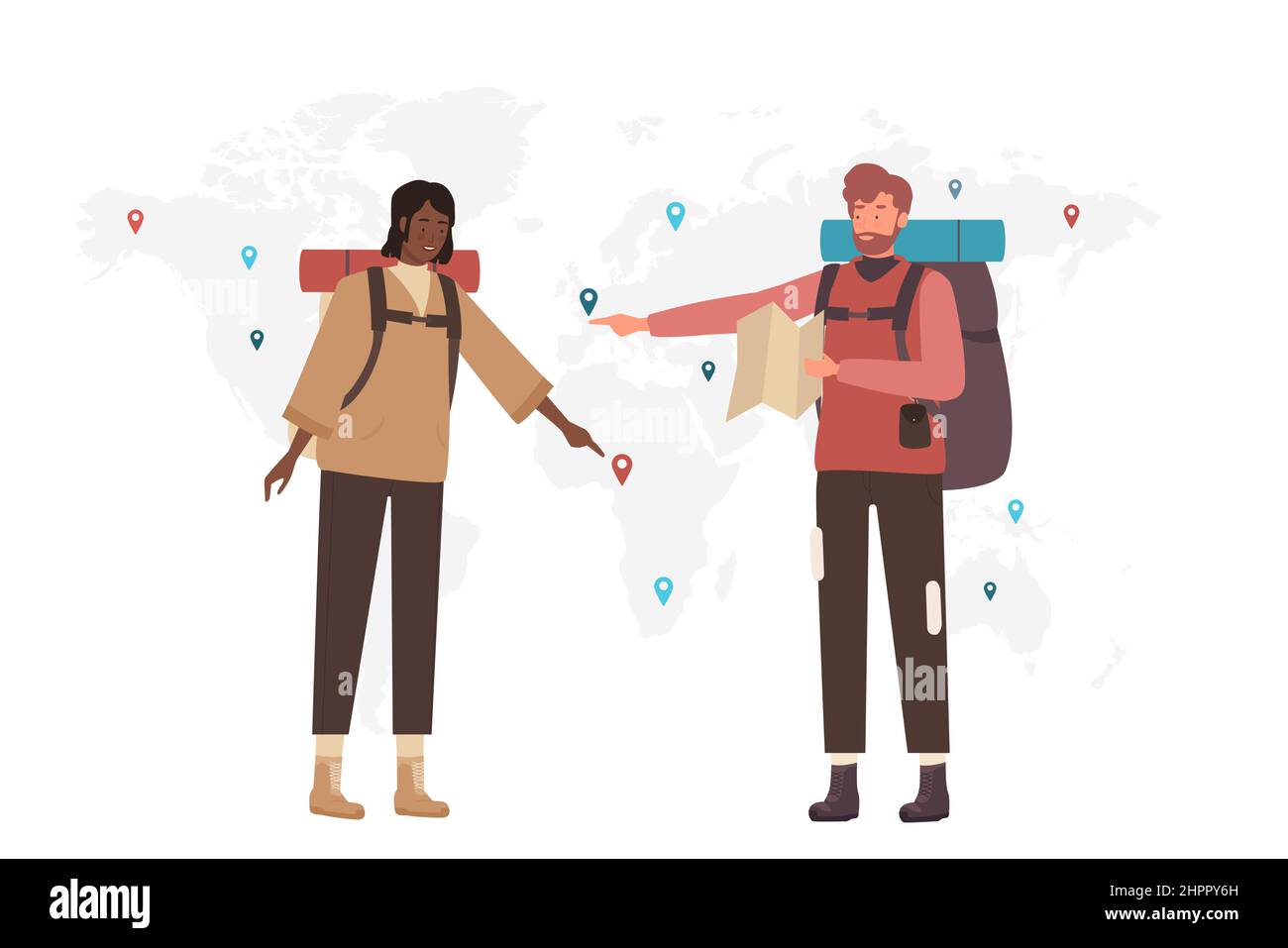 Travelling tourists with backpacks and paper map. World trip destination and new places ...