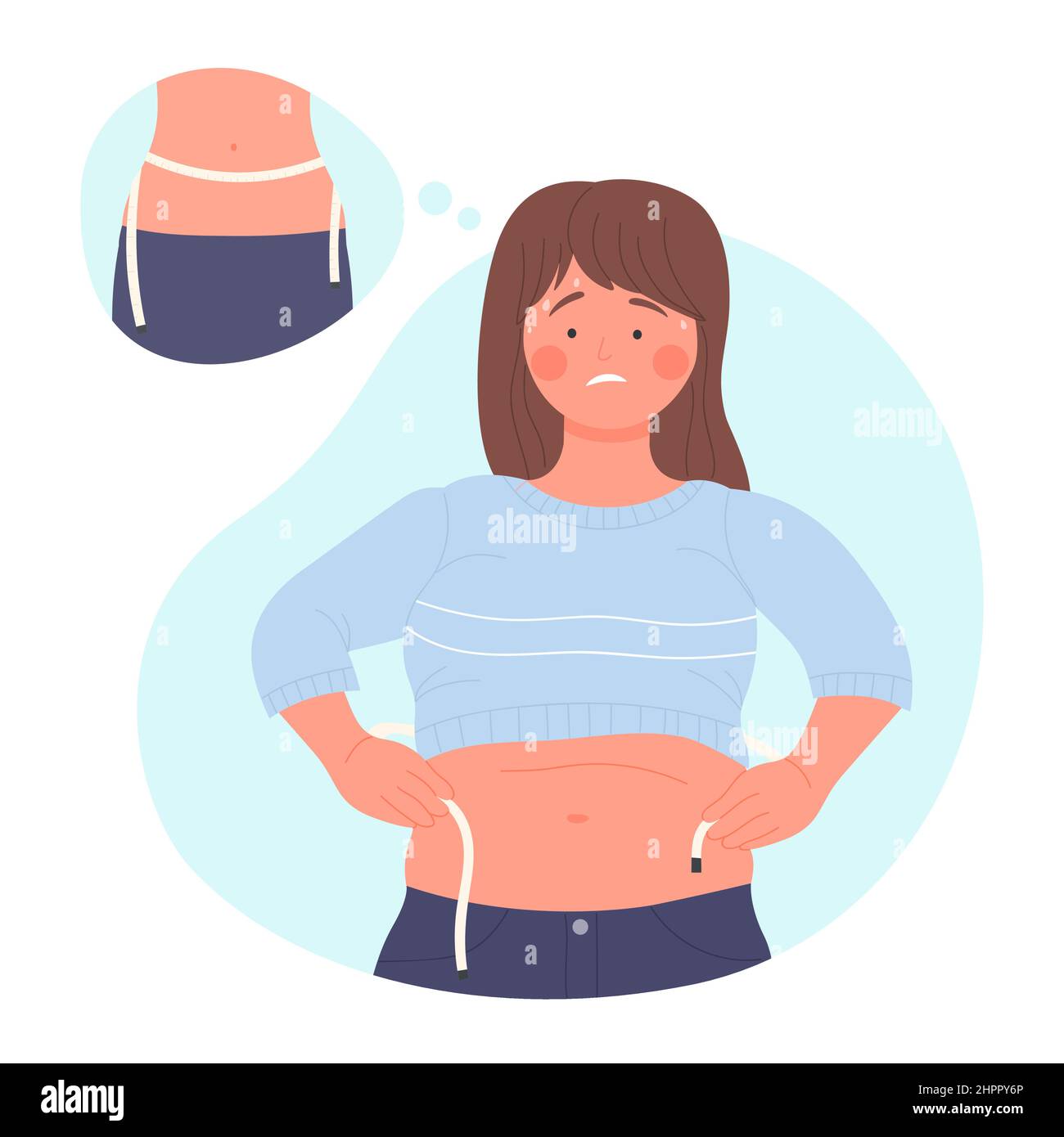 Upset woman thinking of weight loss and ideal shape. Reduction of total ...