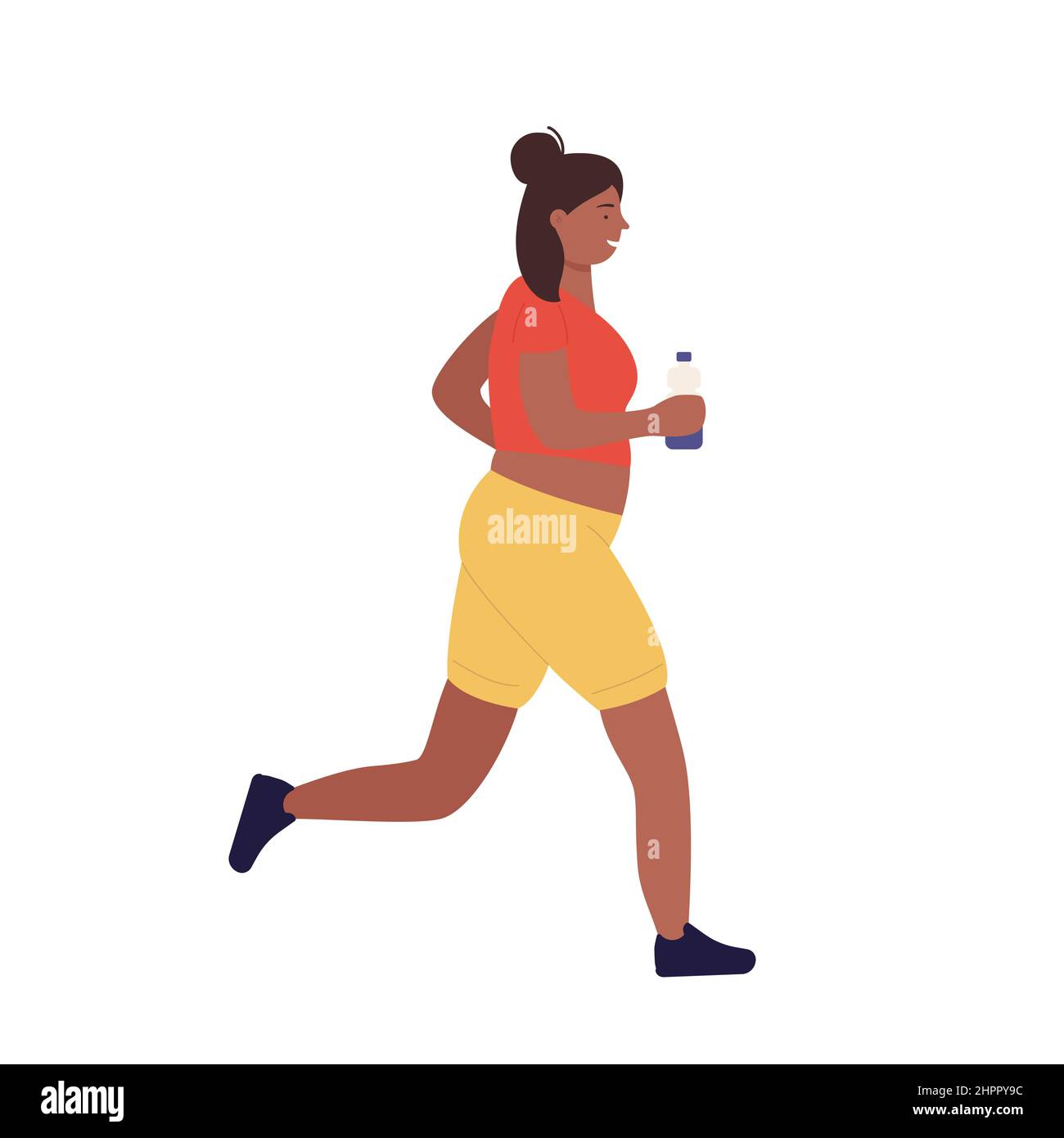 Overweighted girl running holding bottle of water. Obese lady doing ...