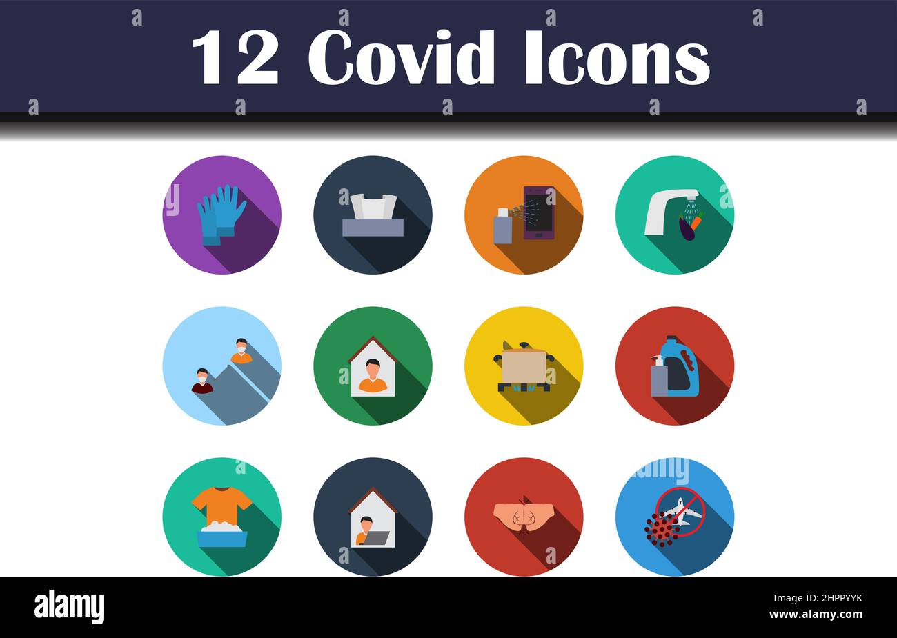 Covid Icon Set. Flat Design With Long Shadow. Vector illustration Stock ...