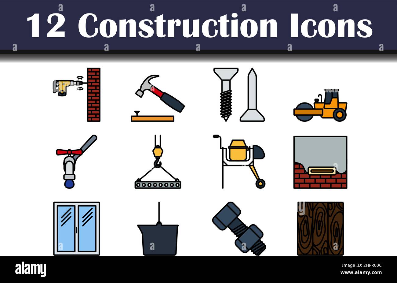 Construction Icon Set. Editable Bold Outline With Color Fill Design ...