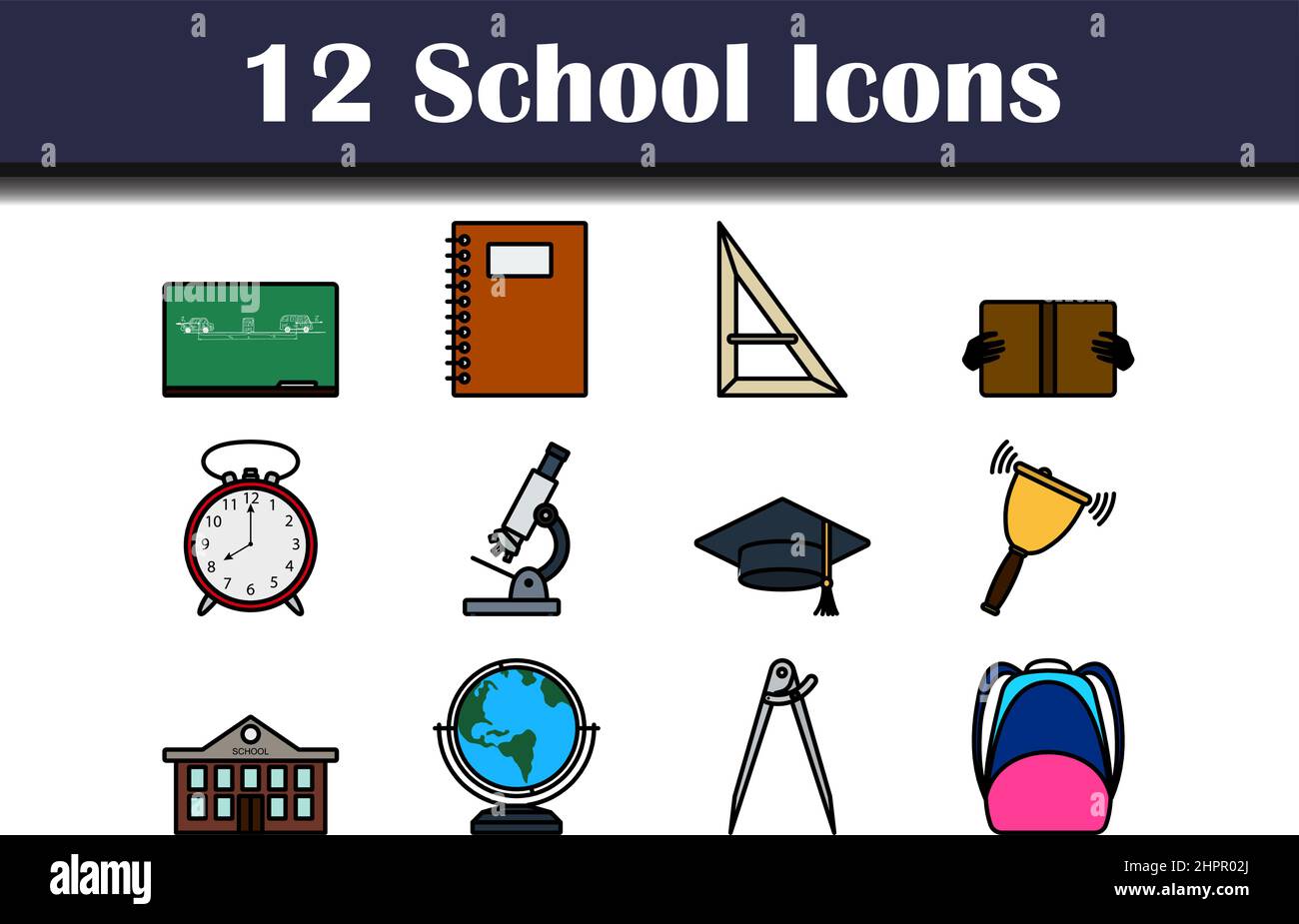 School Icon Set. Editable Bold Outline With Color Fill Design. Vector ...