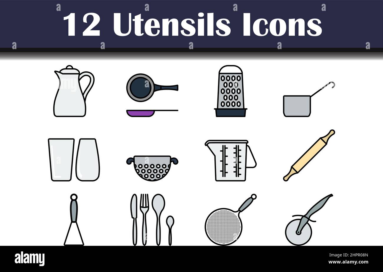 Utensils Icon Set. Editable Bold Outline With Color Fill Design. Vector ...