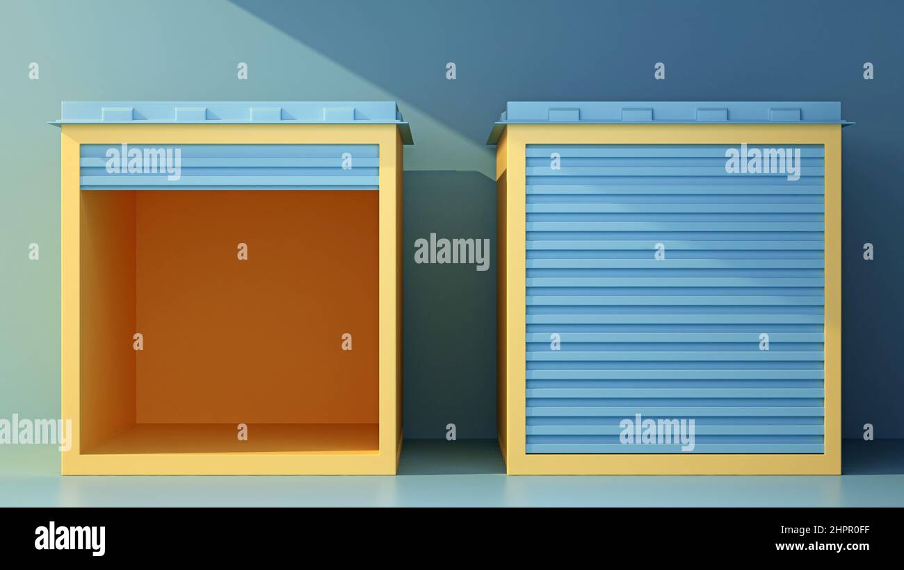 open empty and closed garage. 3d rendering Stock Photo - Alamy