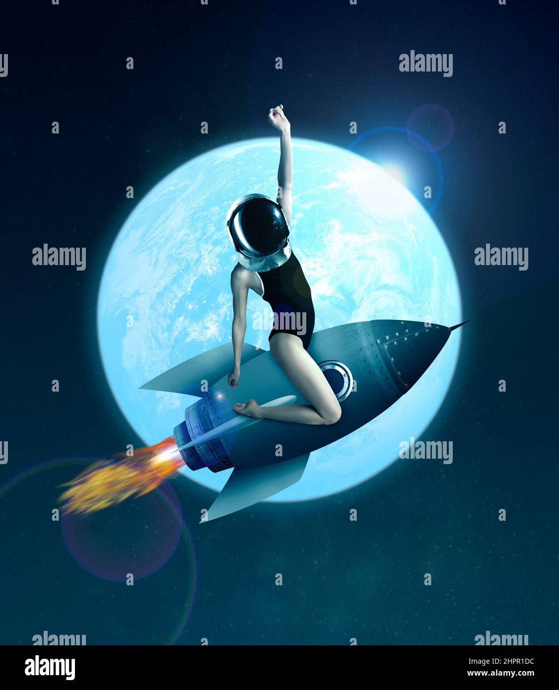 Contemporary art collage young girl flying on rocket on outer space ...