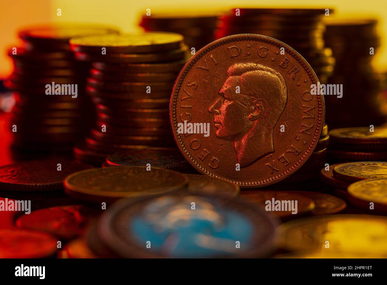 Old King George VI Coin Pile Stacks Yellow Background Stock Photo - Alamy