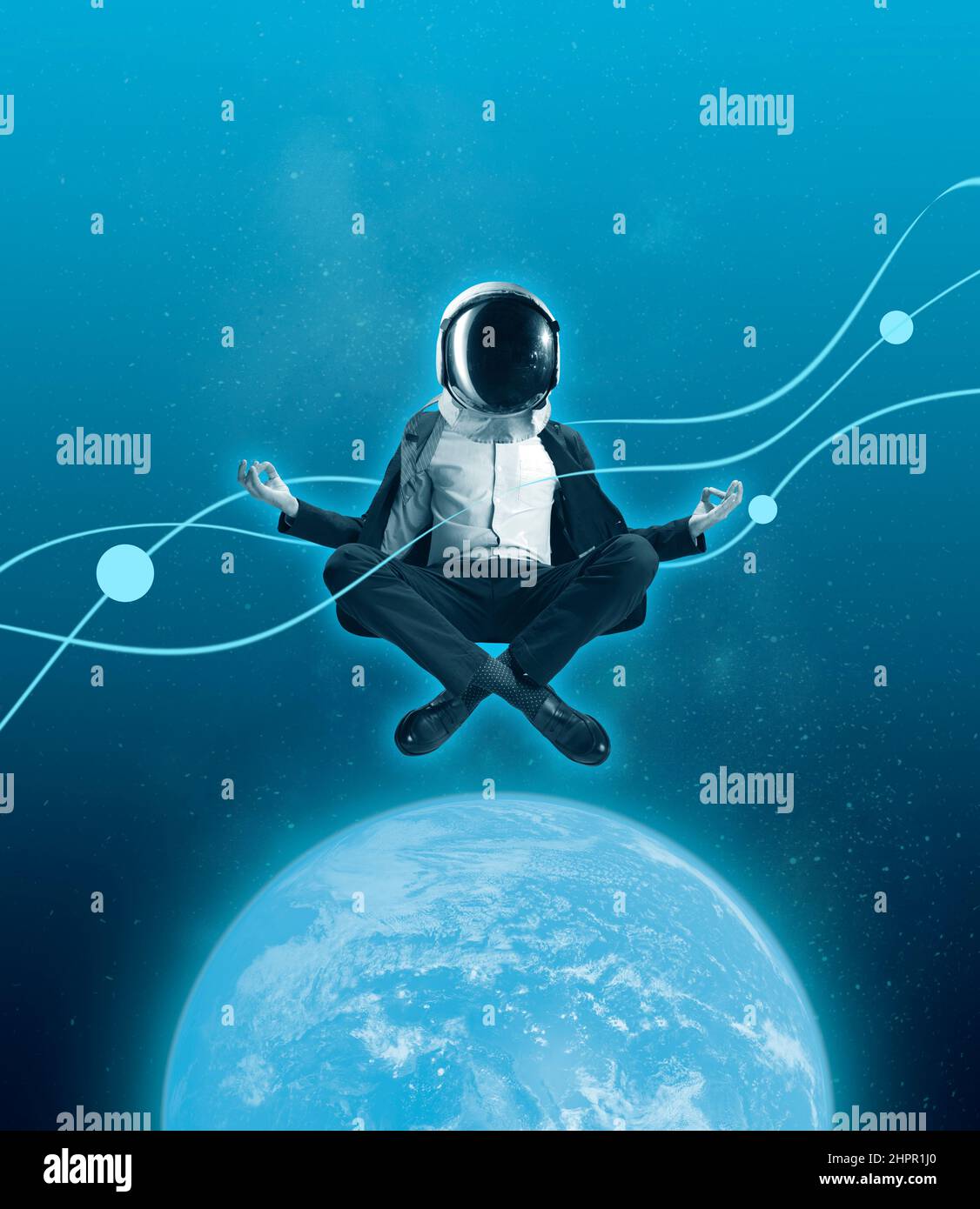 Contemporary art collage with businessman in helmet sitting in lotus ...