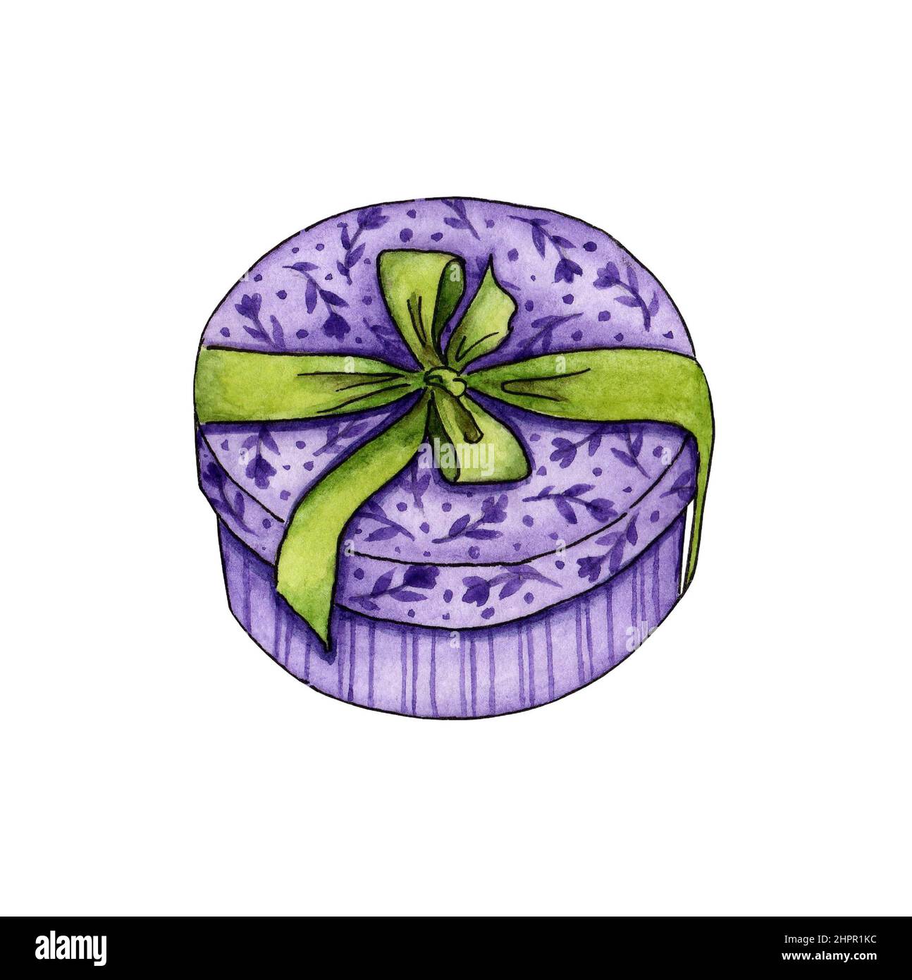 Watercolor illustration of a small purple box with a floral print and a ...