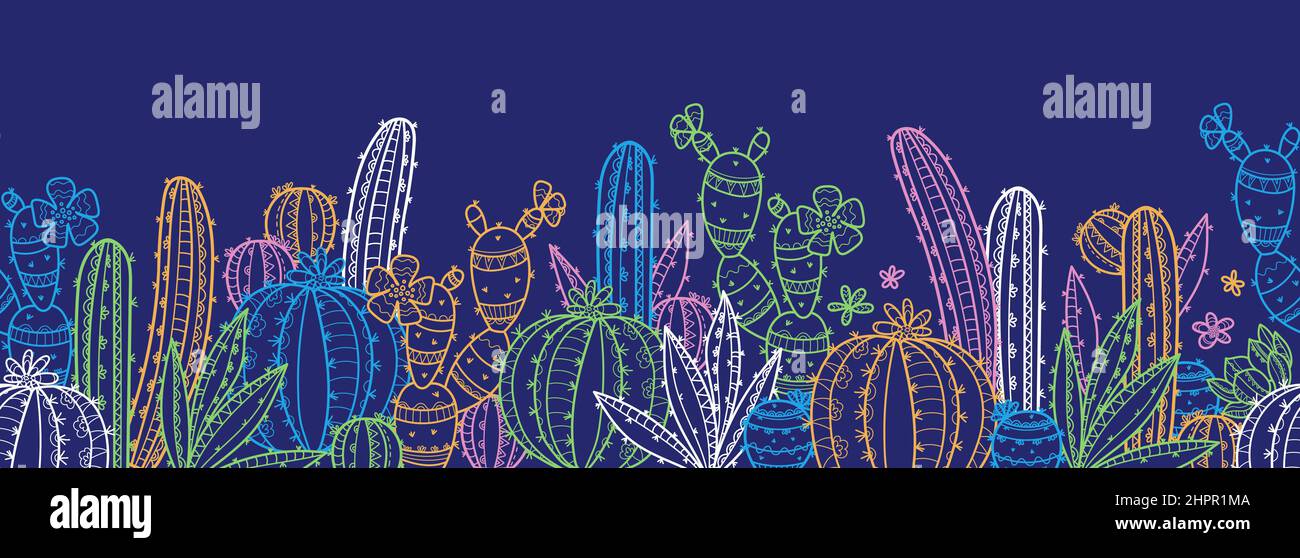 Cute hand drawn cactus seamless pattern, line art background, vibrant ...