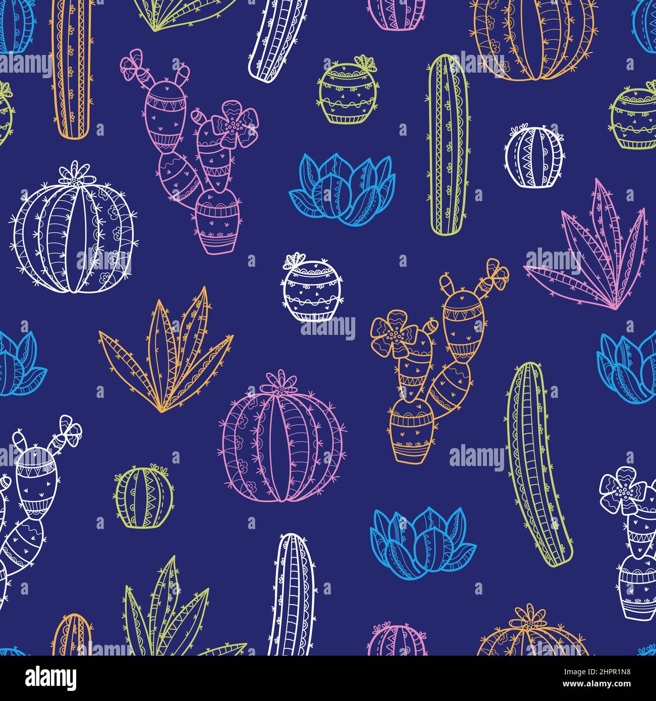 Cute hand drawn cactus seamless pattern, line art background, vibrant ...