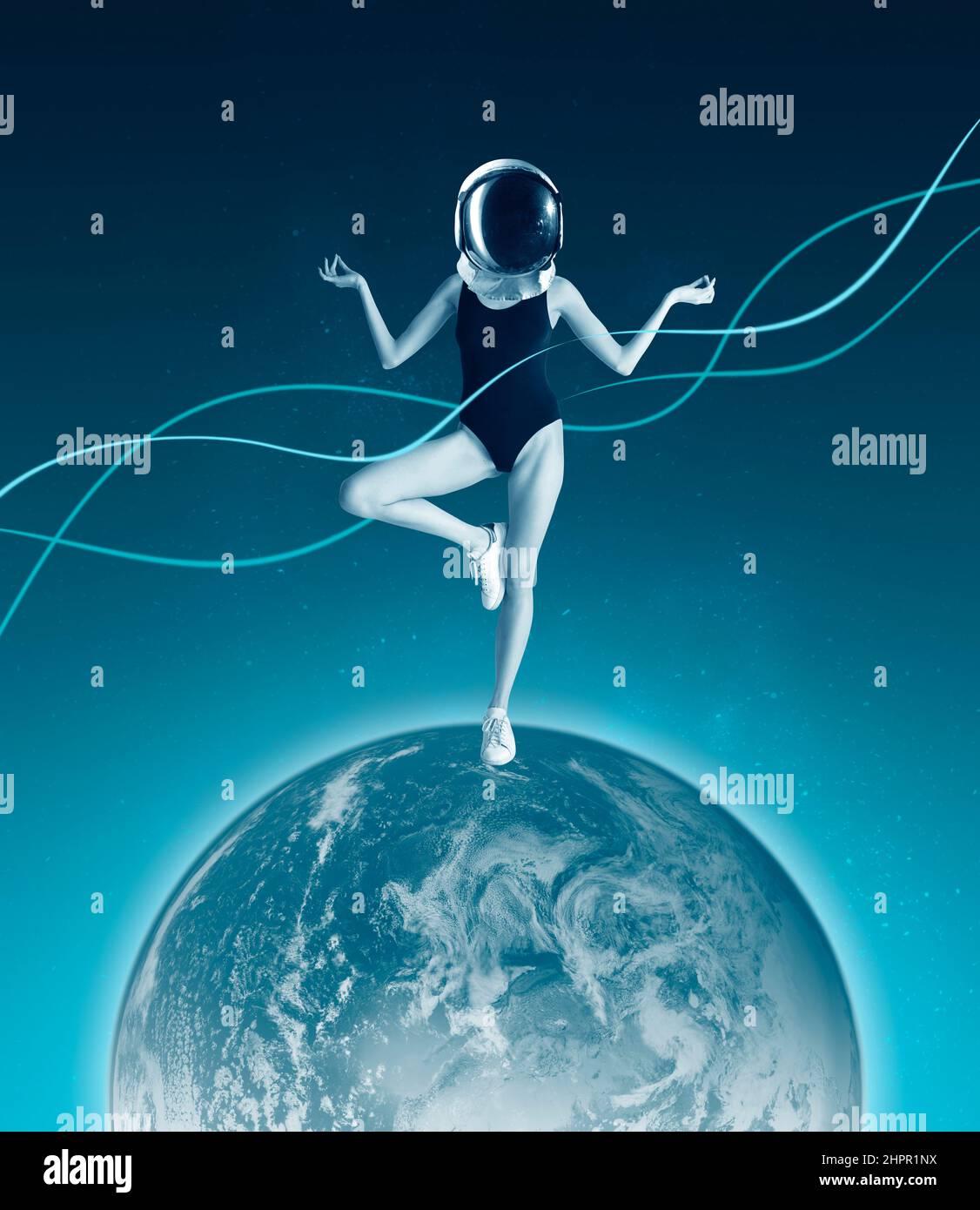 Conceptual creative artwork with young girl in helmet standing on ...