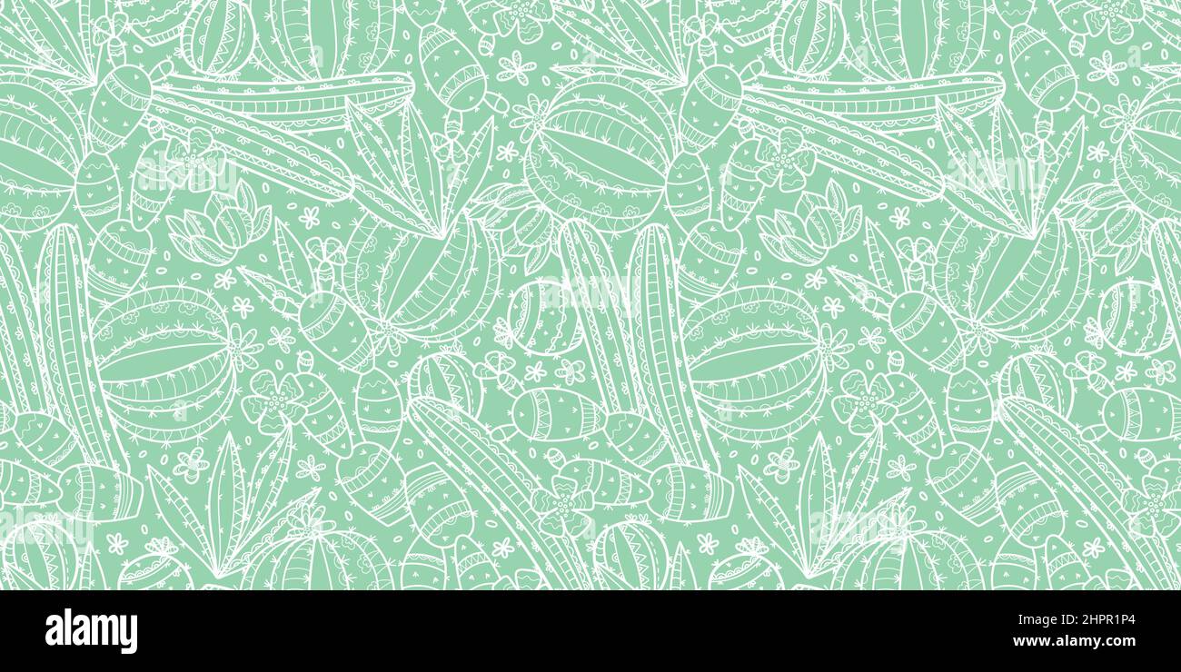Cute hand drawn cactus seamless pattern, line art background, vibrant ...