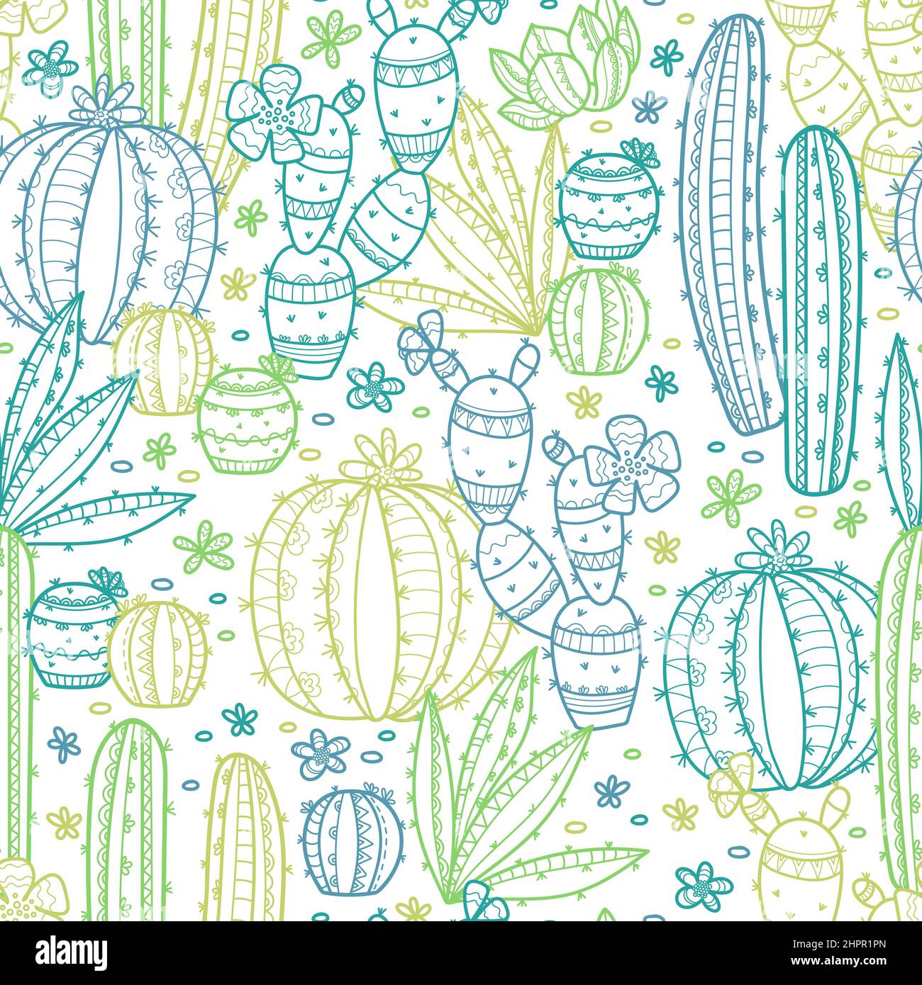 Cute hand drawn cactus seamless pattern, line art background, vibrant ...