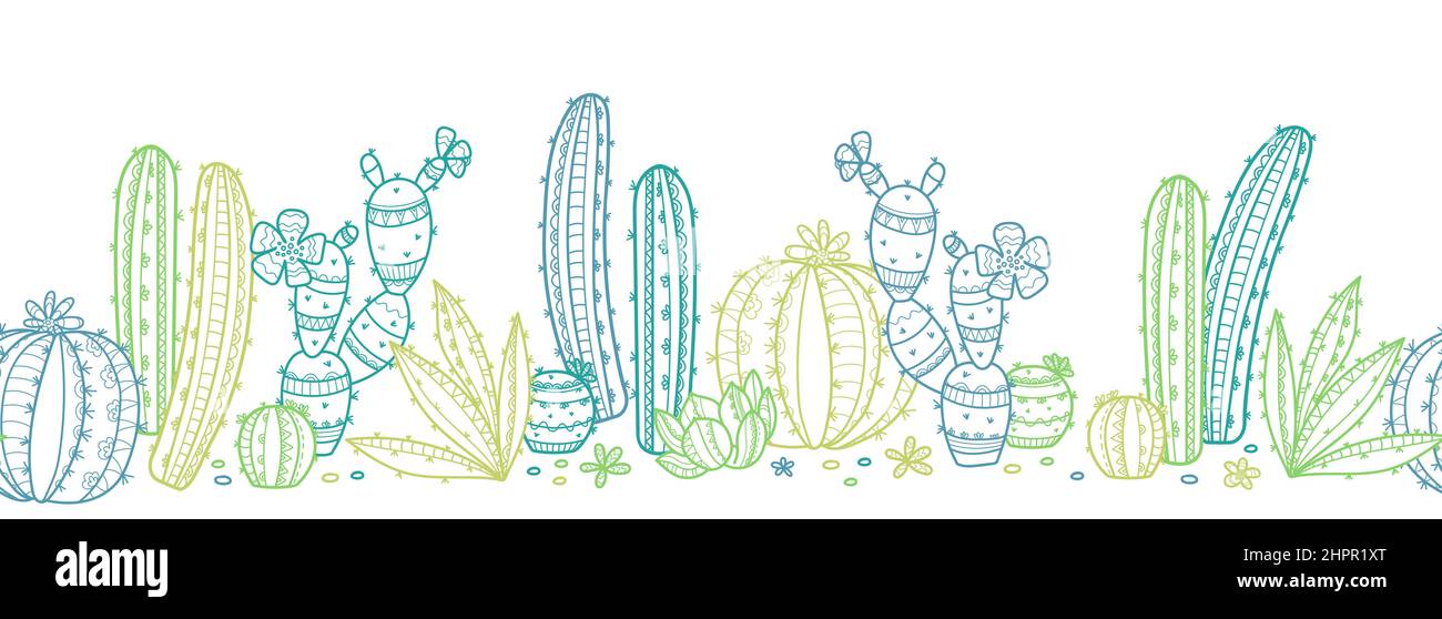 Cute hand drawn cactus seamless pattern, line art background, vibrant ...
