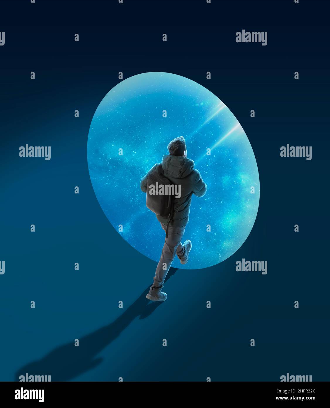 Conceptual creative artwork with young man walking on outer space ...
