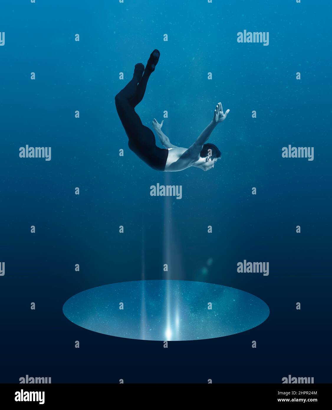 Contemp dancer jumping into starry abyss on outer space background ...