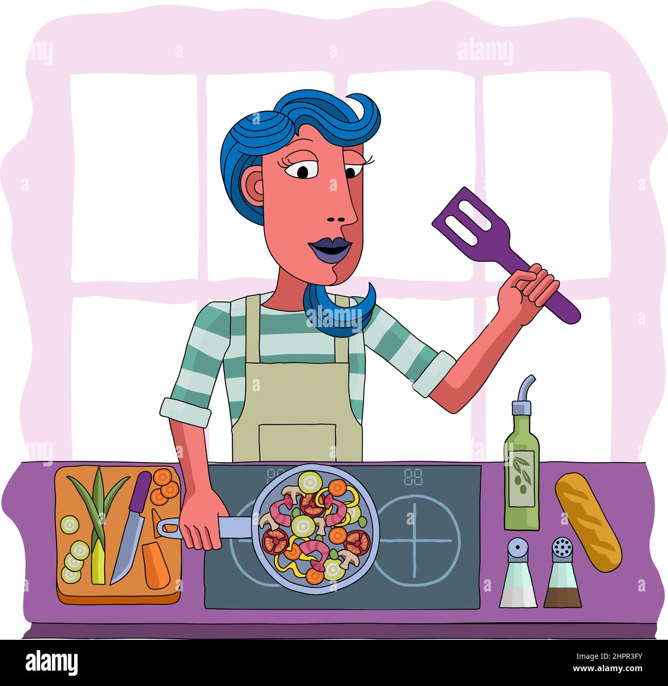 Woman Cooking Vegetable Curry Chinese Food Kitchen Stock Vector Image ...