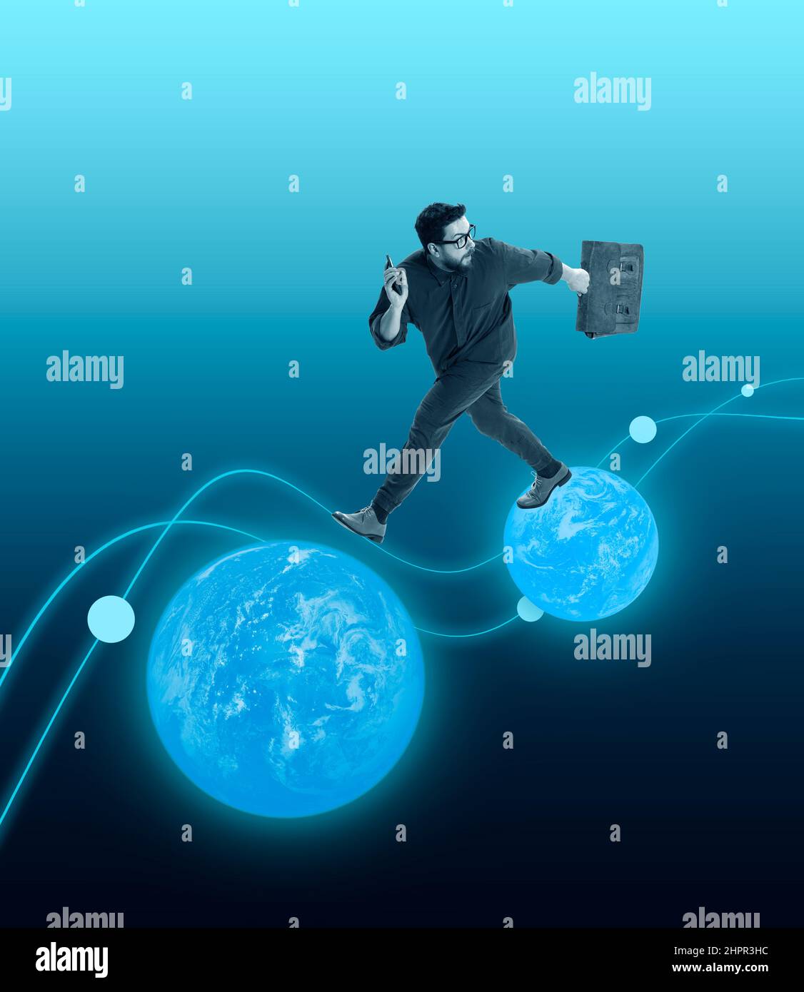 Young man, student with retro briefcase jumping from one planet to ...