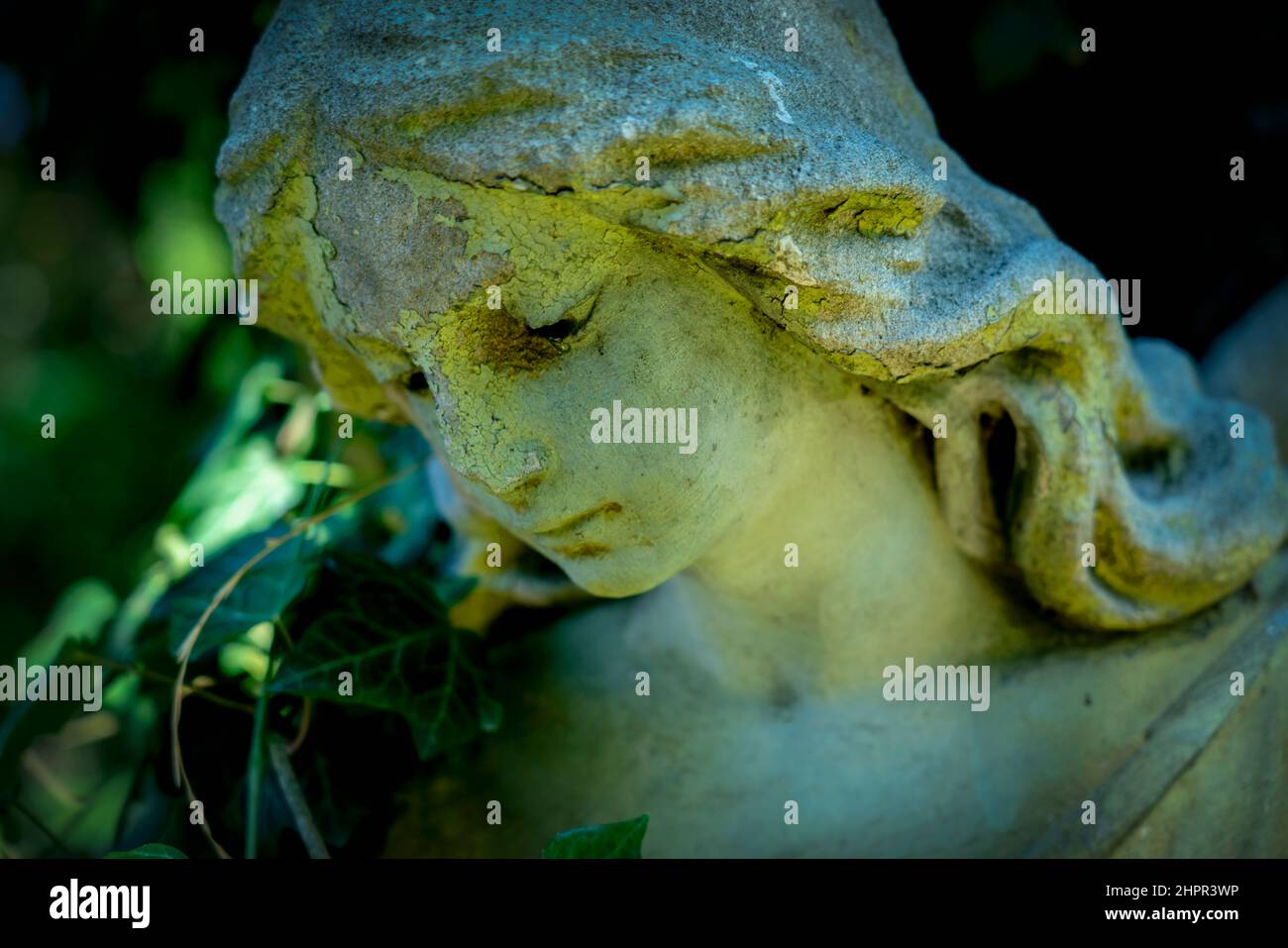 Dramatic facial expression of beautiful angel. Fragment of an ancient ...
