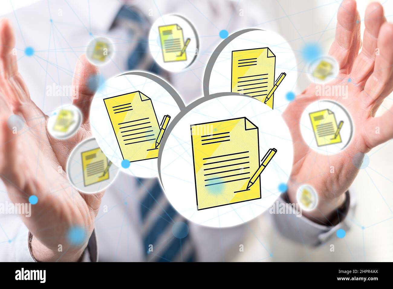 Document validation concept between hands of a man in background Stock ...