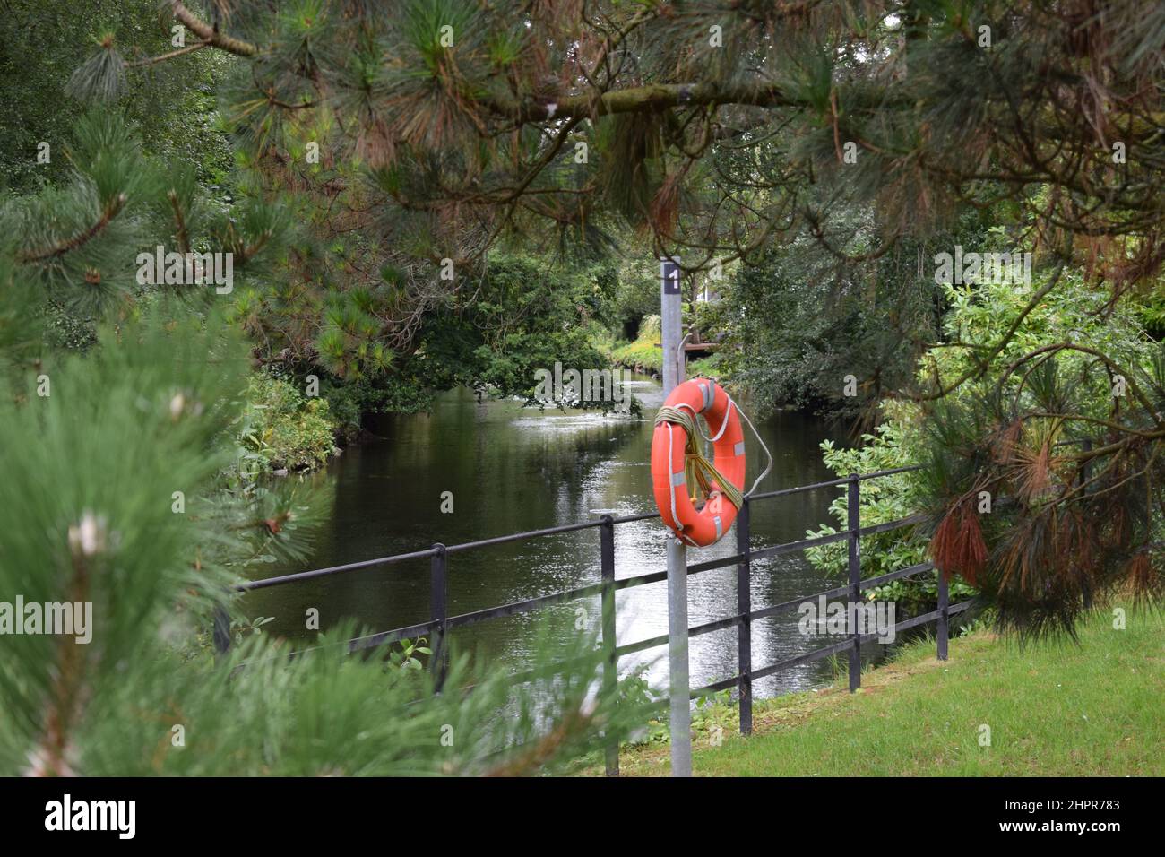 Orange life jacket close up near a river in a park among trees and ...