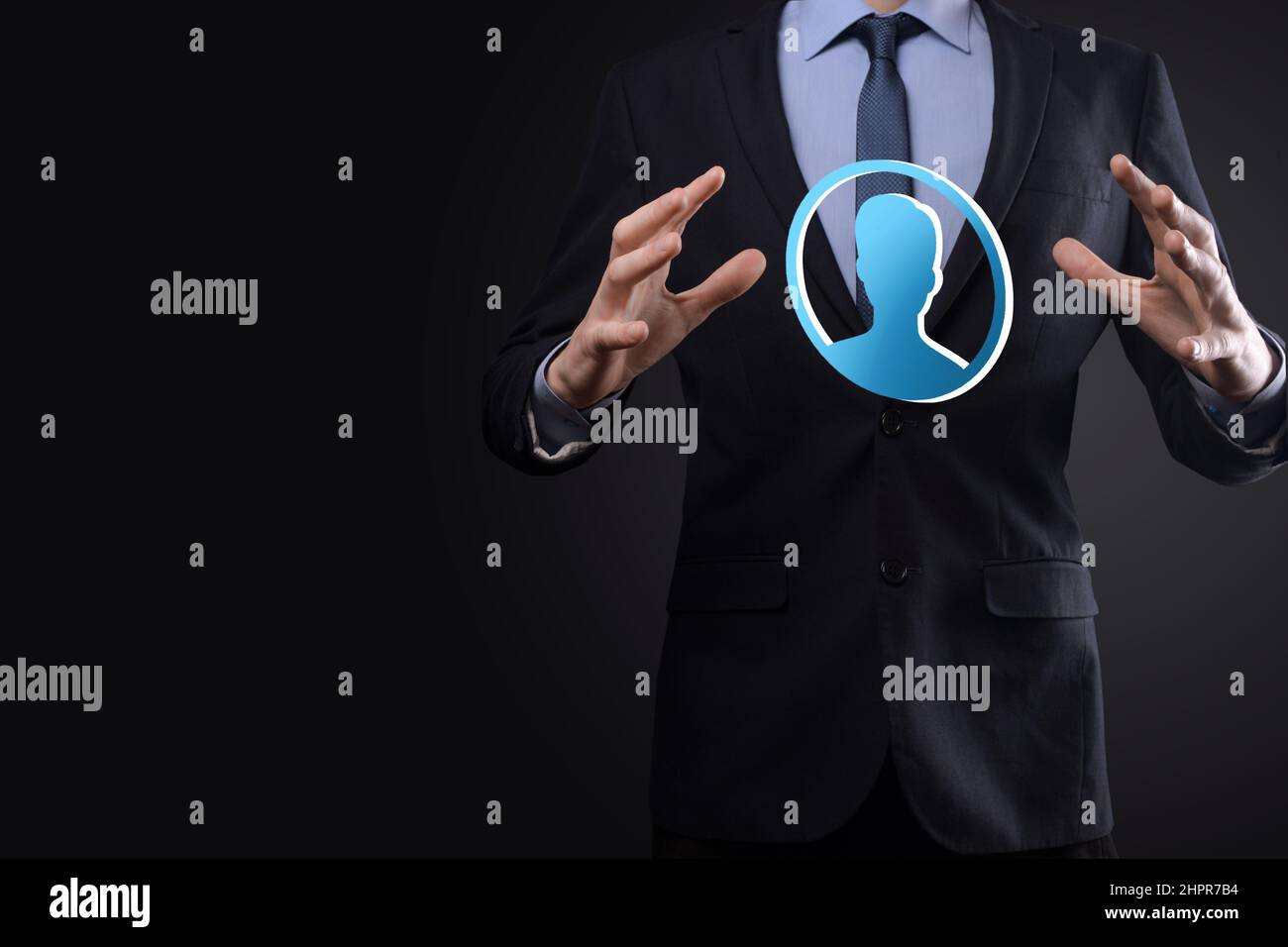 Businessman holding on hand icon of user man,woman 3D style. Internet ...