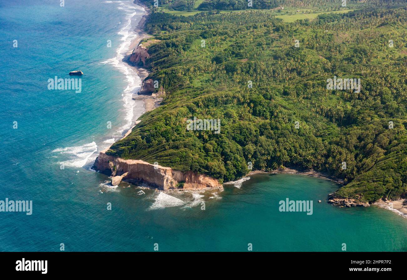aerial of green jungle, coast and ocean in Dominica Stock Photo - Alamy