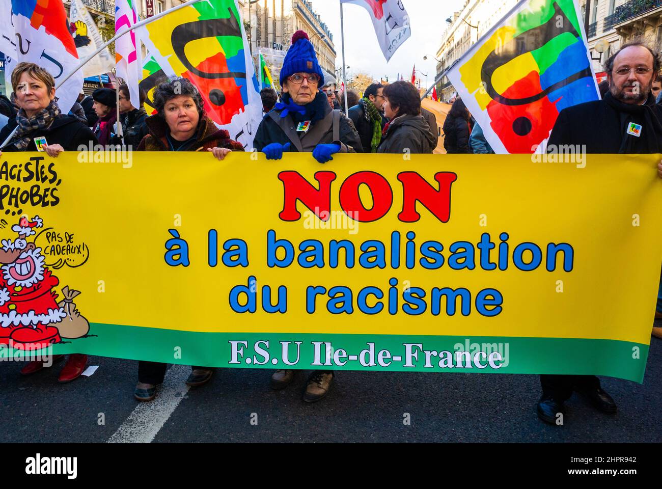 Paris, France, Crowd People, Marching with Protest Banner, French ...