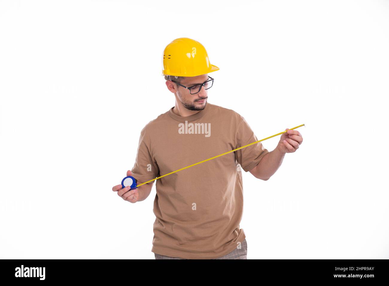 Construction Worker Checking Measuring Tape Isolated. Man Working Stock ...