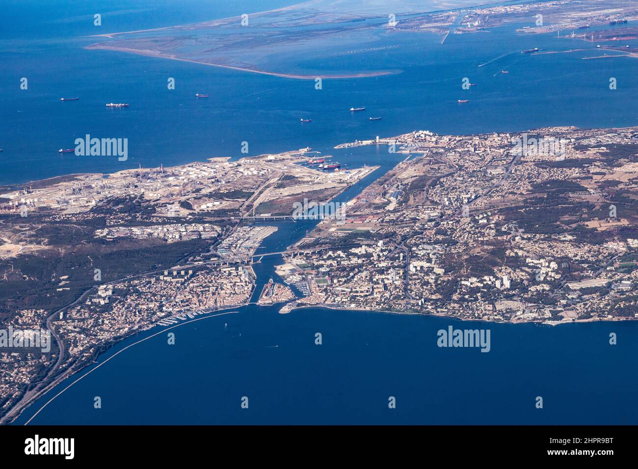 aerial near Marseille of industrial and touristic area on a sunny day ...