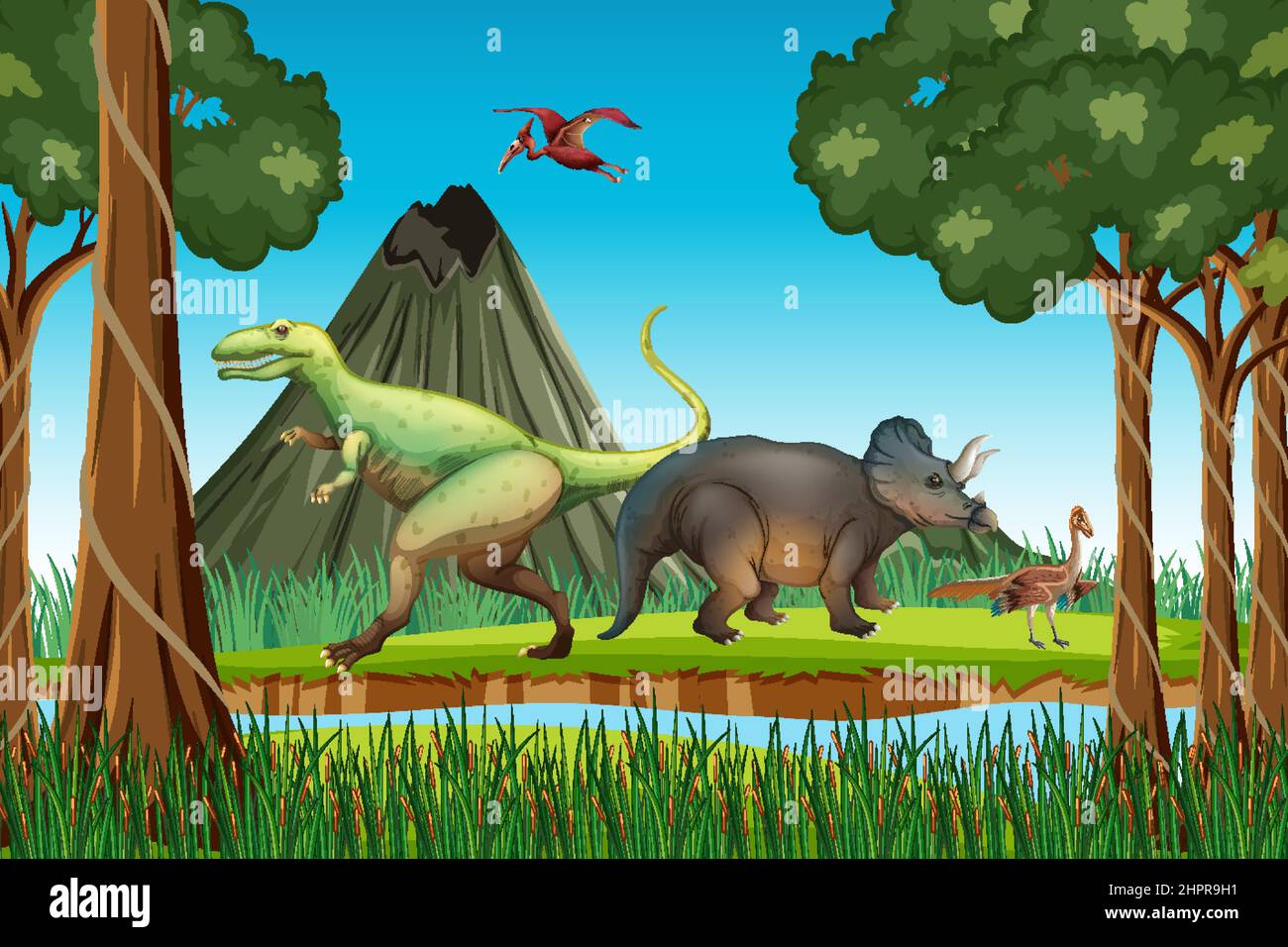 Dinosaur in prehistoric forest scene illustration Stock Vector Image ...