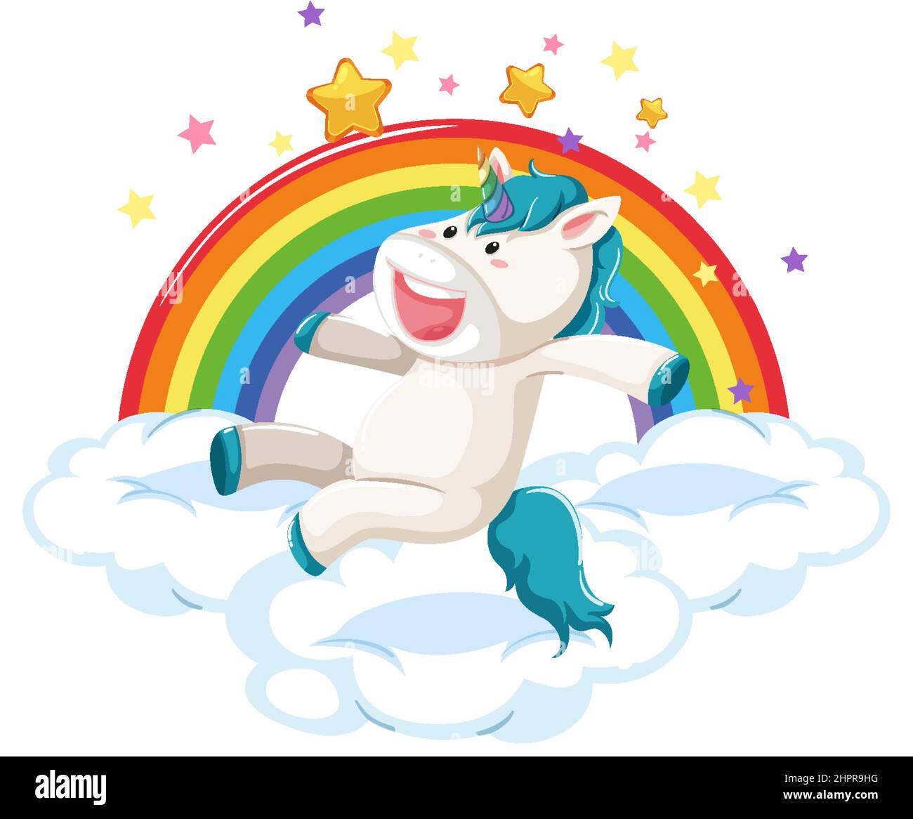 Cartoon unicorn jumping on a cloud with rainbow illustration Stock ...