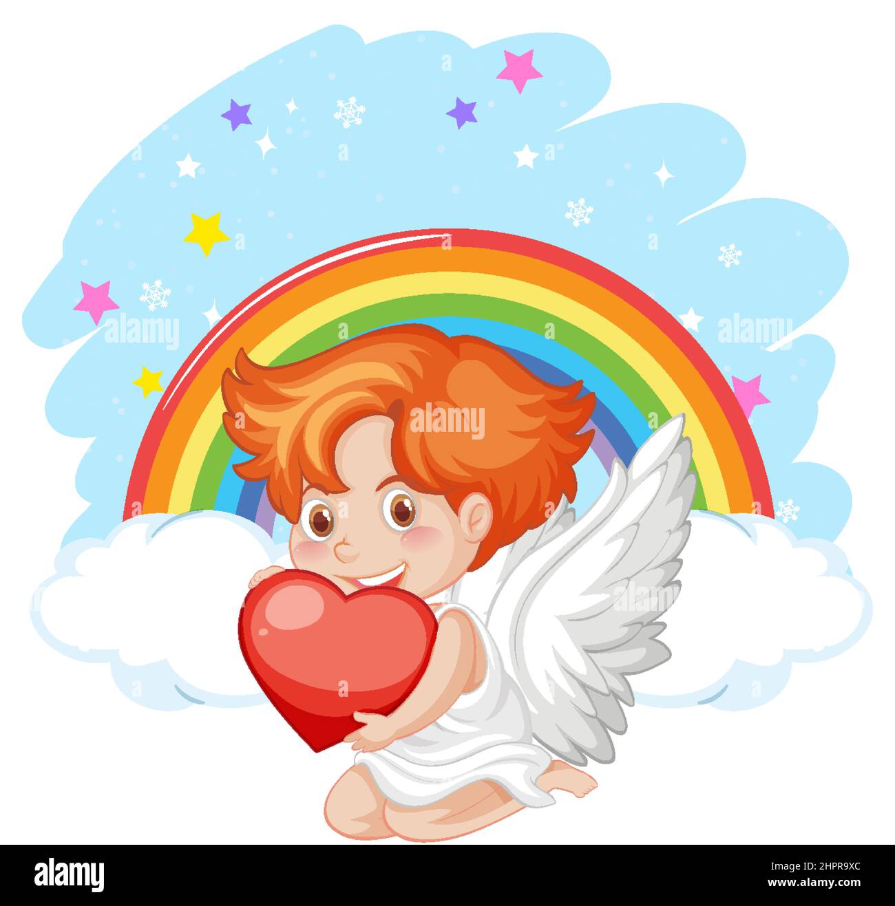 Angel boy holding a red heart on rainbow background illustration Stock ...