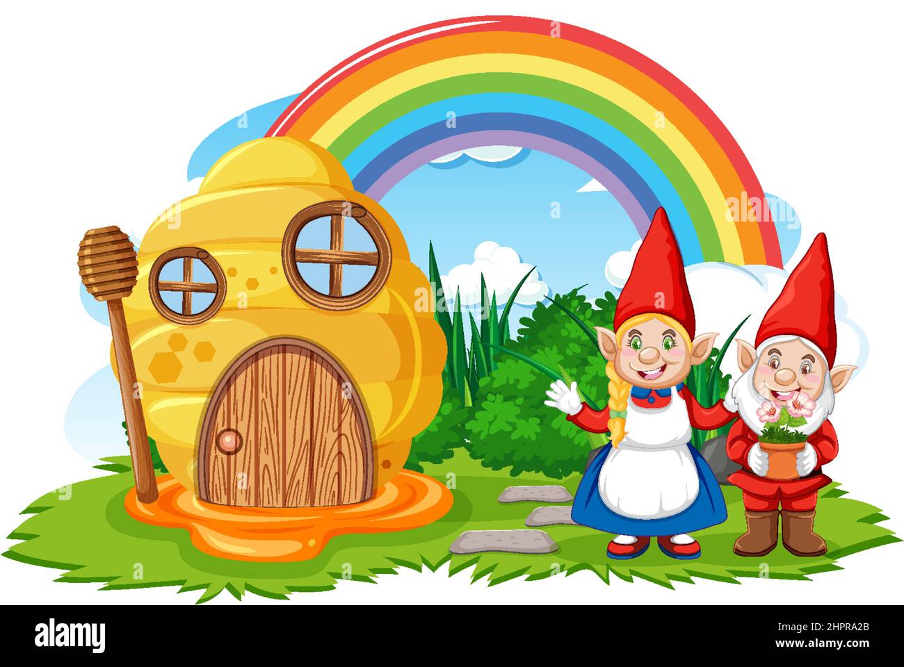 Fantasy bee hive house with rainbow in the sky illustration Stock ...