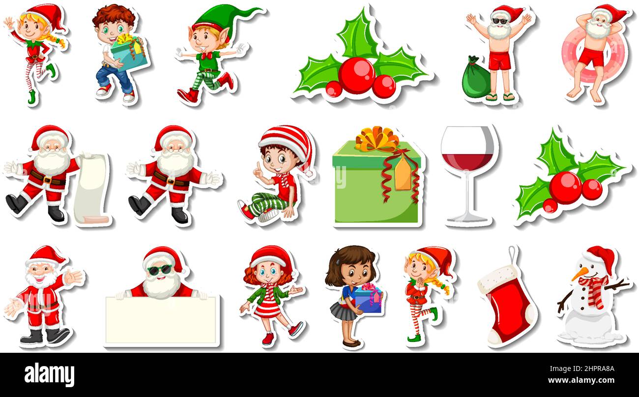 Set of Christmas objects and cartoon characters illustration Stock ...