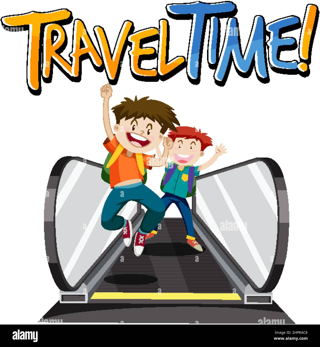 Travel Time typography design with kids on moving walkway illustration ...