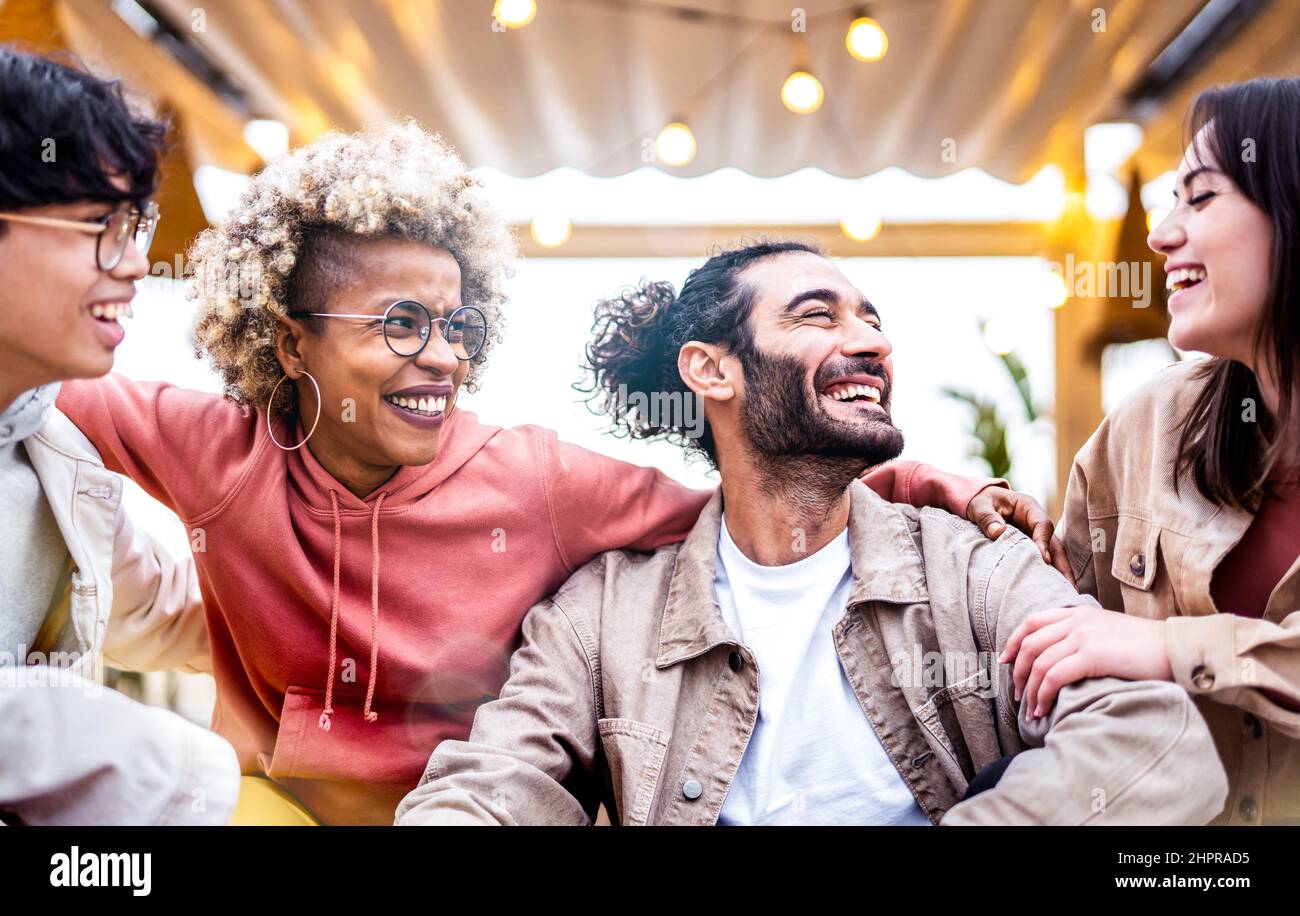 Multicultural friends having fun at travel venue location - Life style ...