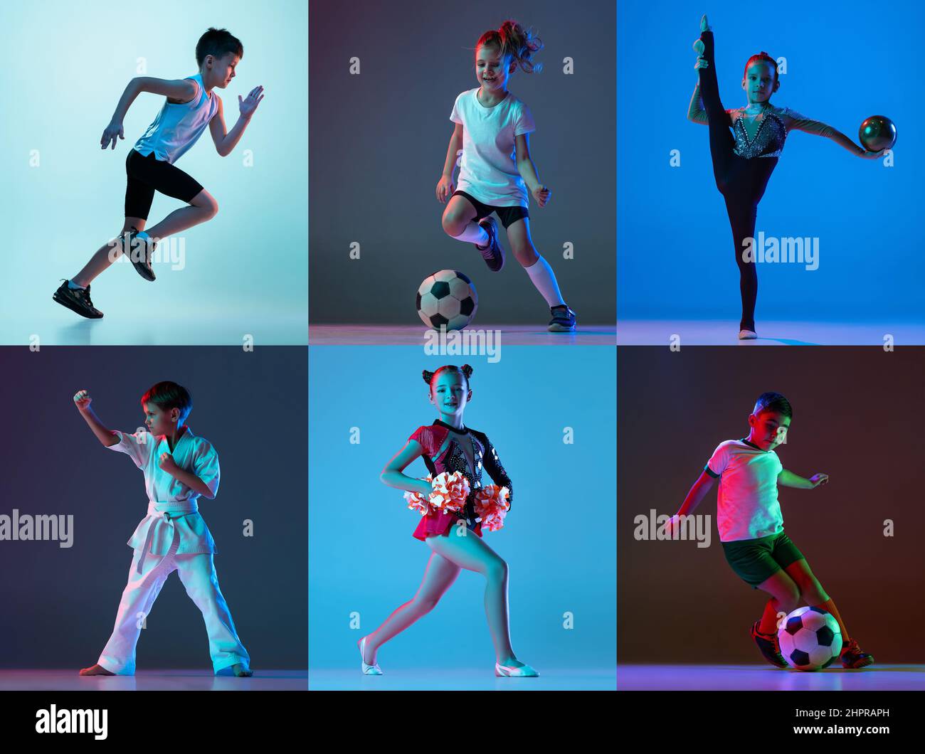 Collage. Portraits of little children, boys and girls, doing sports ...