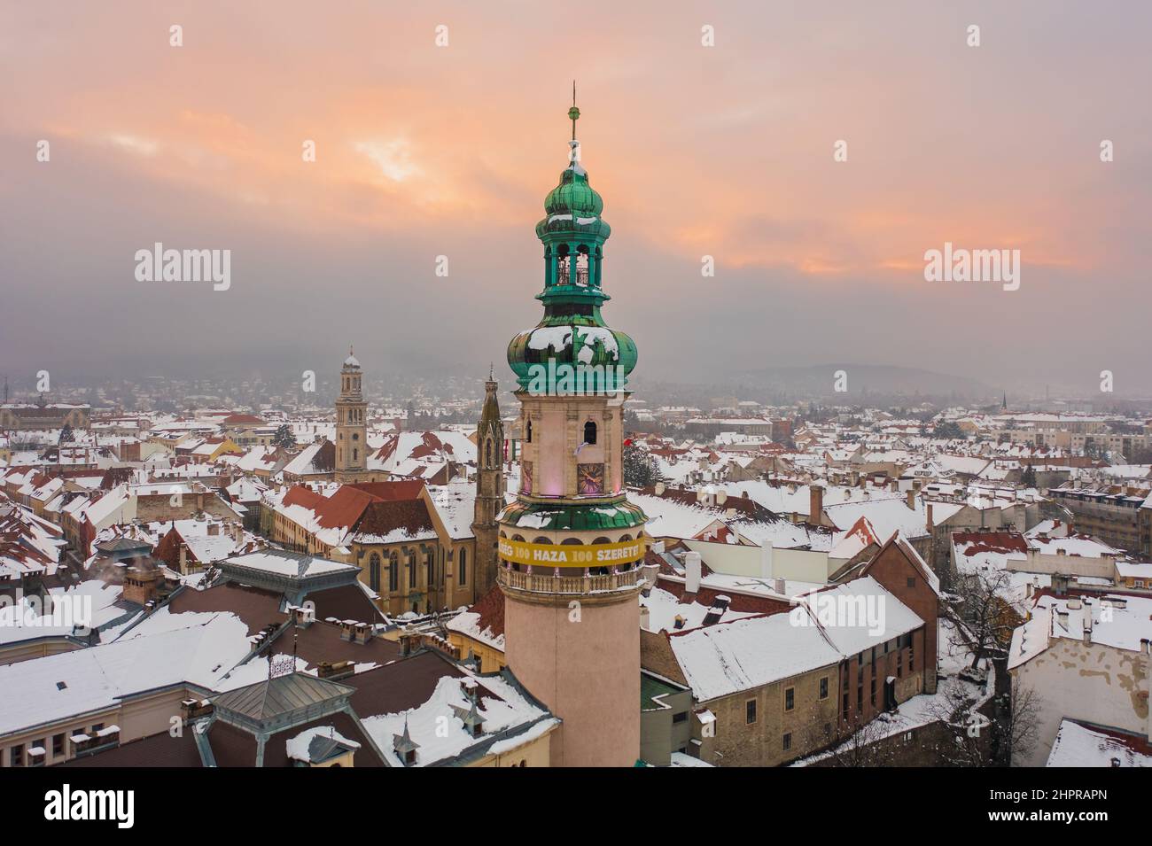 Aerial view about the iconic Fire tower in Sopron city. Winter ...