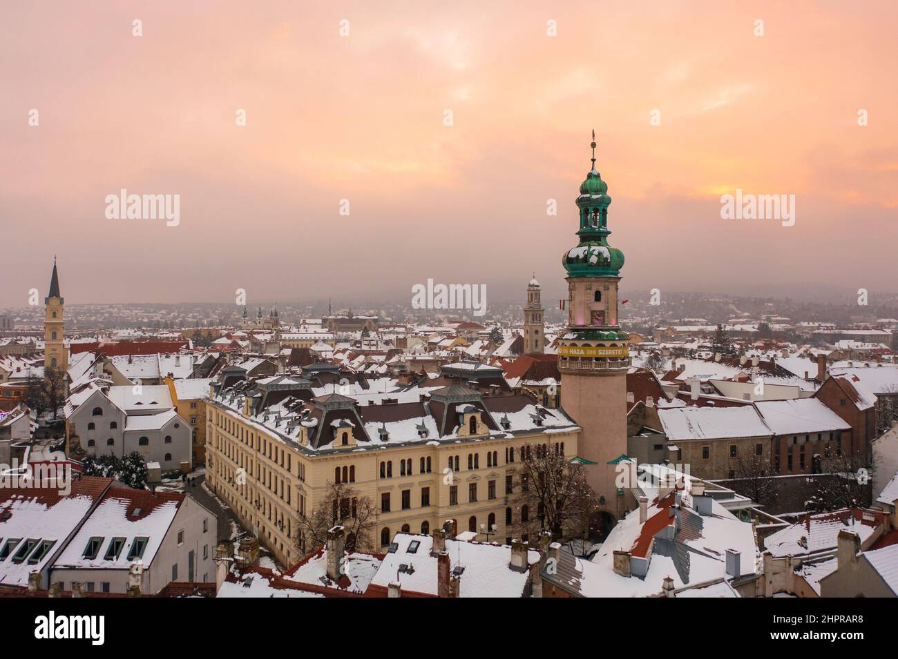Aerial view about the iconic Fire tower and the city hall in Sopron old ...