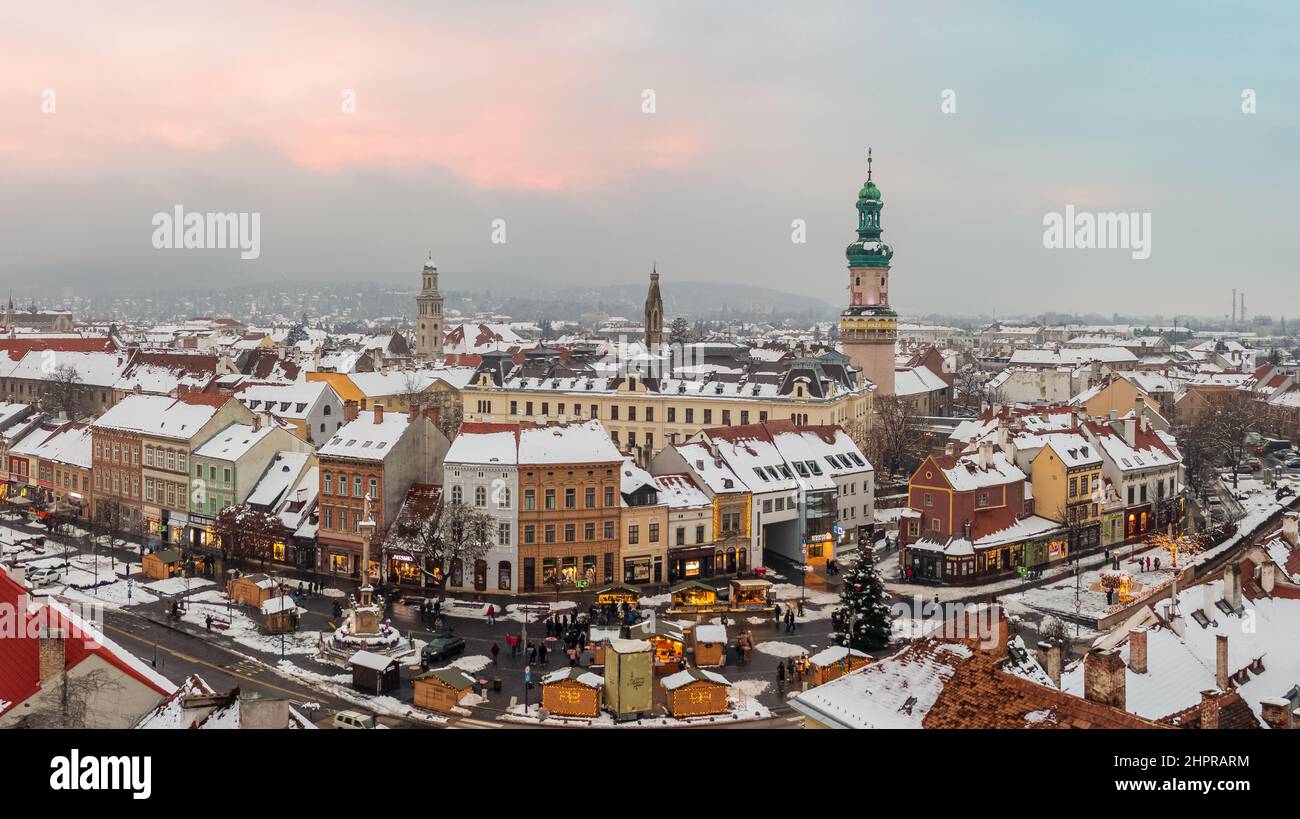 Aerial panoramic view about Sopron downtown. Winter cityscape with ...