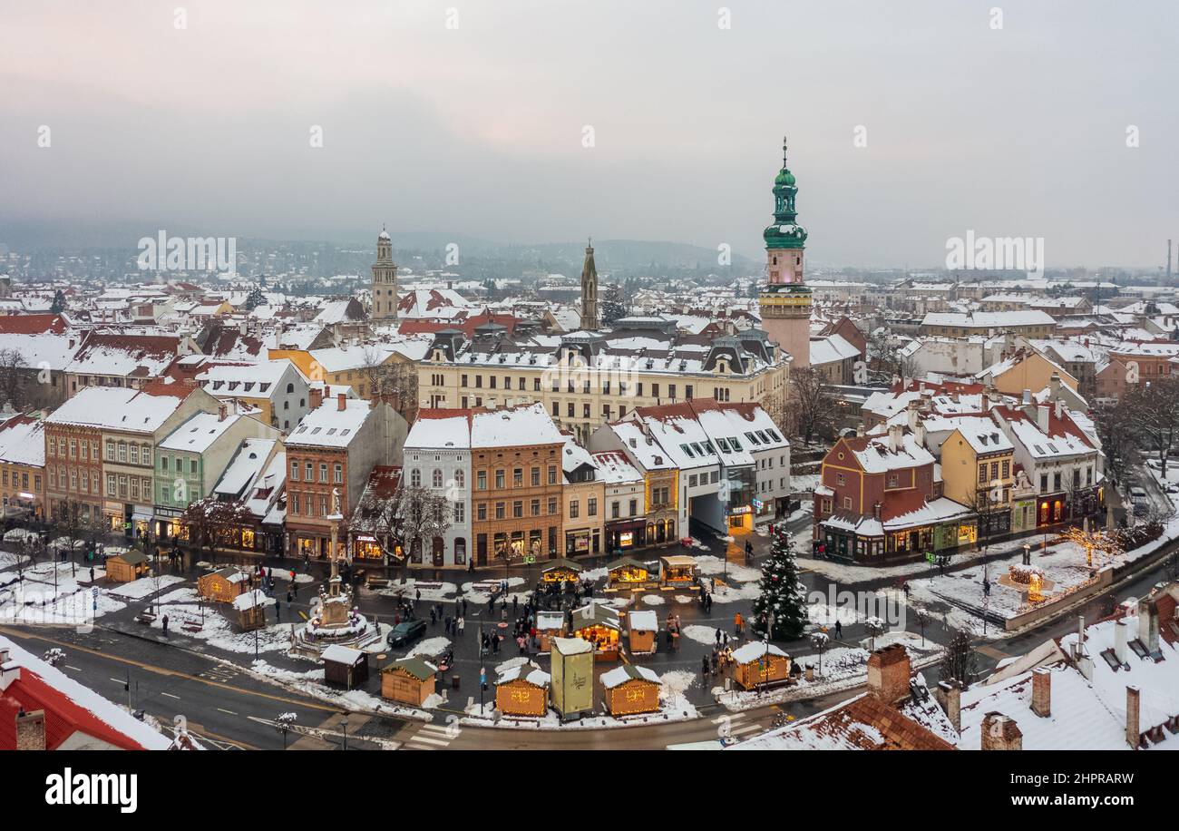 Aerial panoramic view about Sopron downtown. Winter cityscape with ...