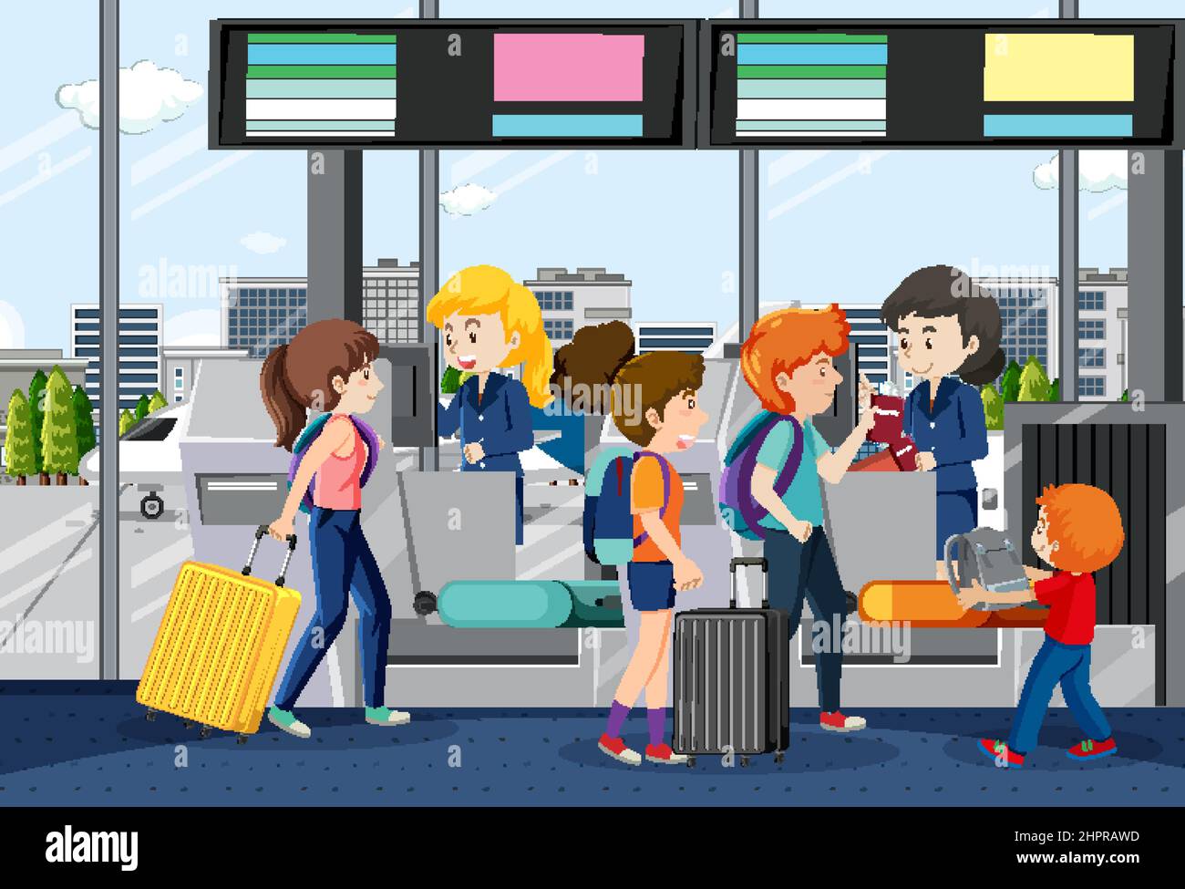 Passengers with luggage at check-in counters illustration Stock Vector ...