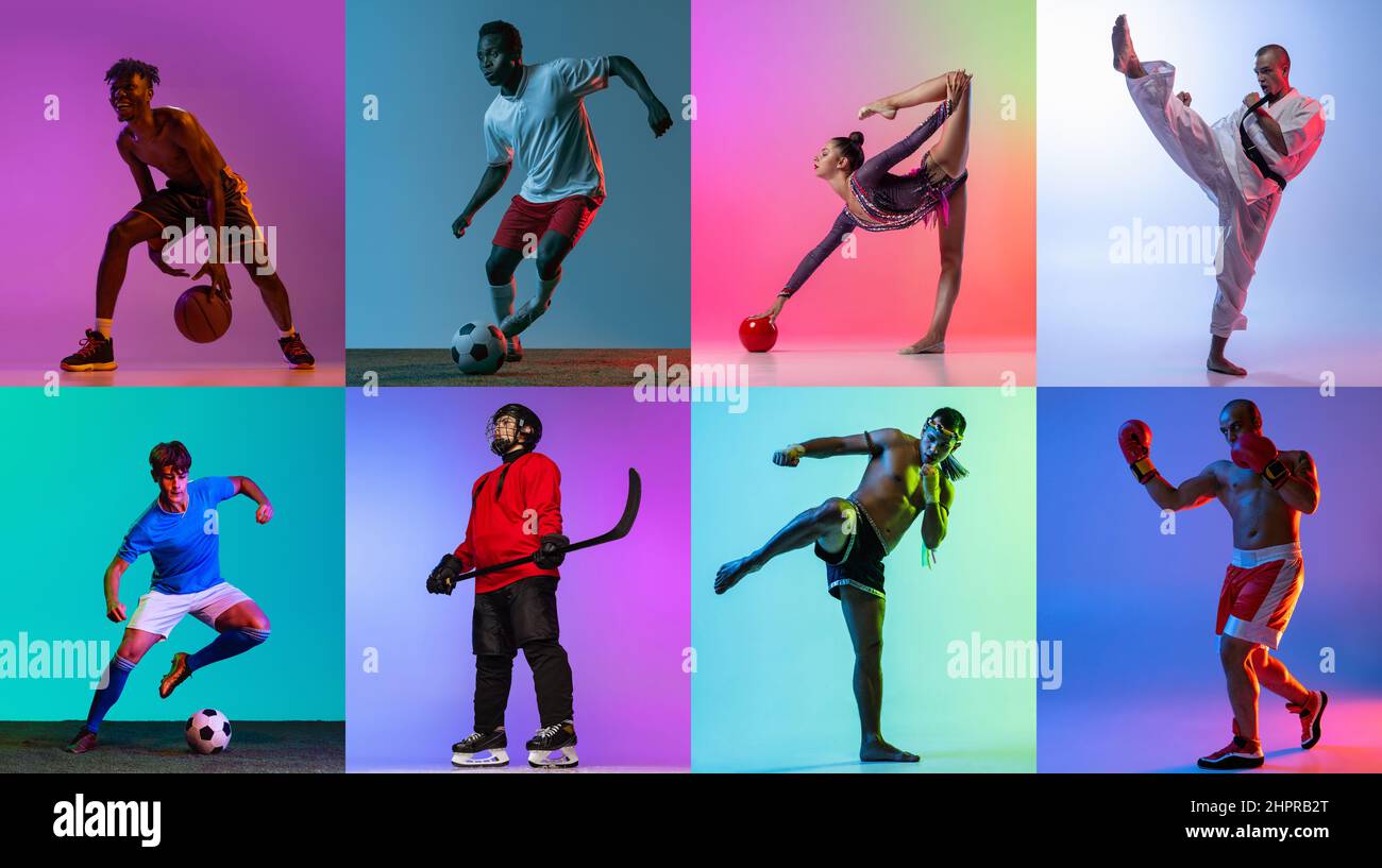 Collage. Portraits of people, doing professional sports, training ...