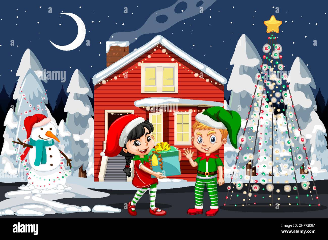 Christmas winter scene with elf cartoon character illustration Stock ...