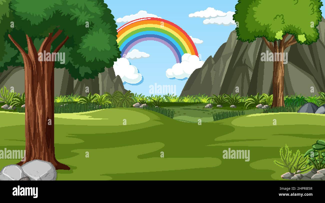 Nature forest scene with rainbow in the sky illustration Stock Vector ...
