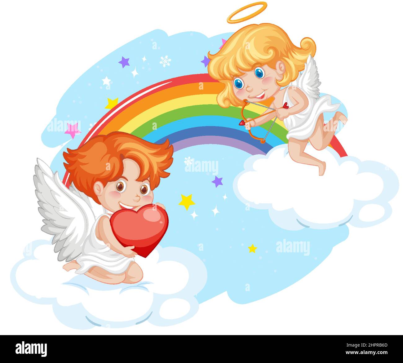 Angel boy and girl with rainbow in the sky illustration Stock Vector ...