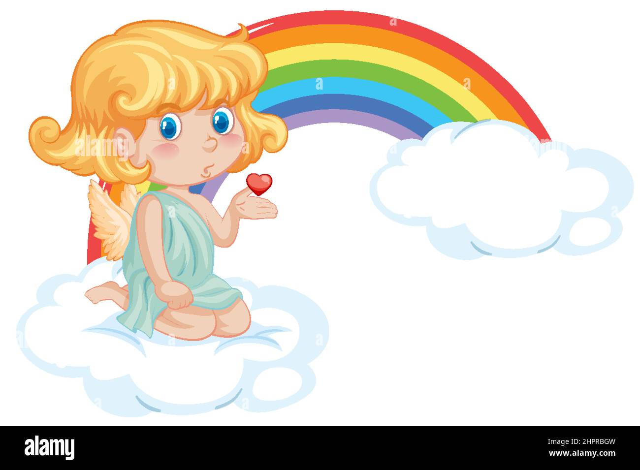 Angel girl sitting on a cloud with rainbow in caartoon style ...