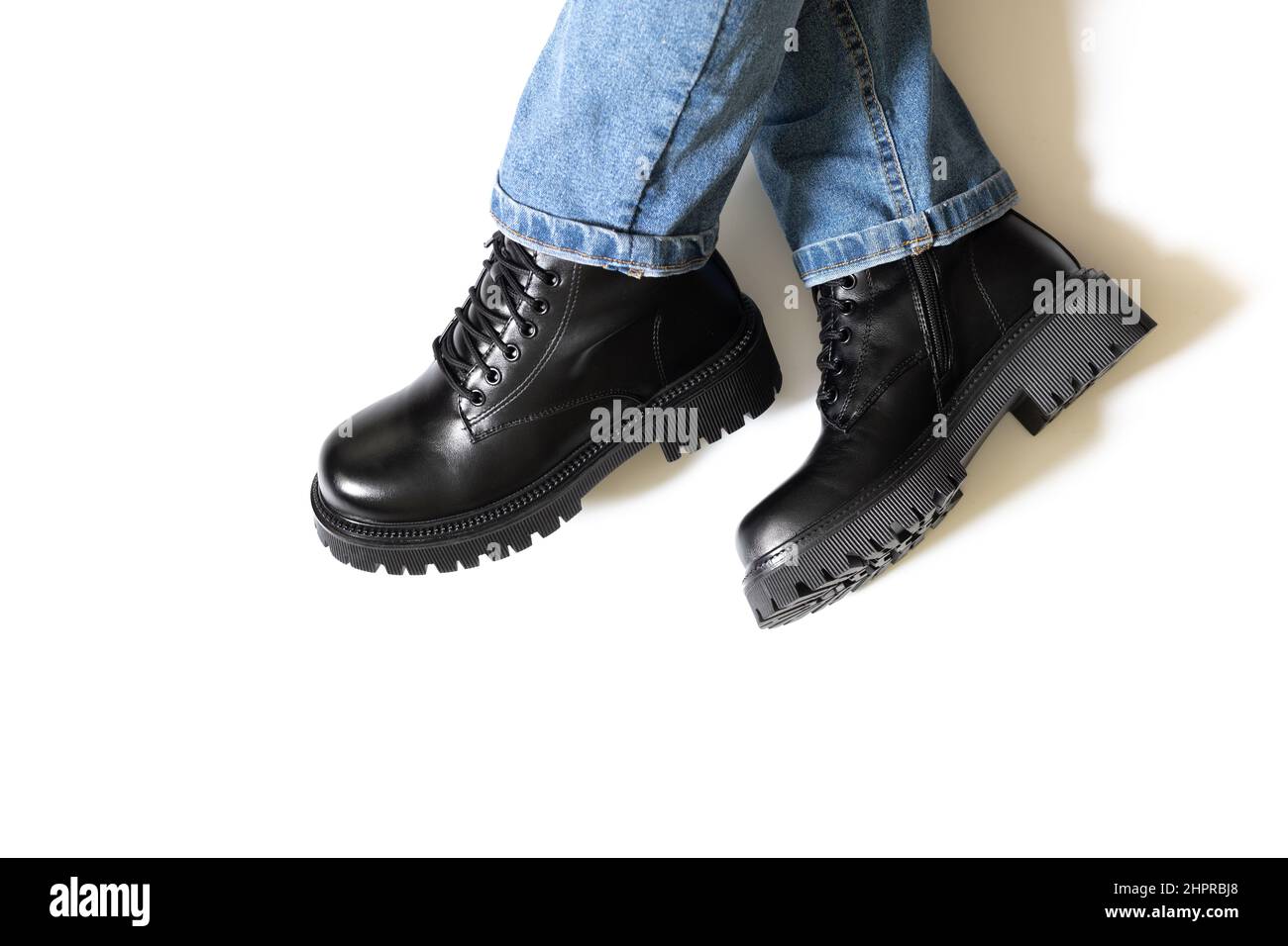 Black leather female autumn boots isolated with white background and ...
